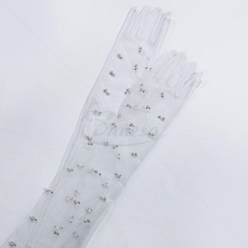 Long White Chiffon Gloves with Beads - Danesa